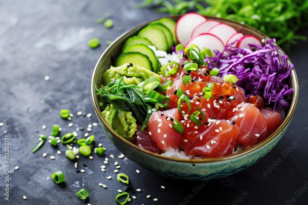 Healthy Hawaiian dish featuring a tuna poke bowl with avocado cucumbers ...