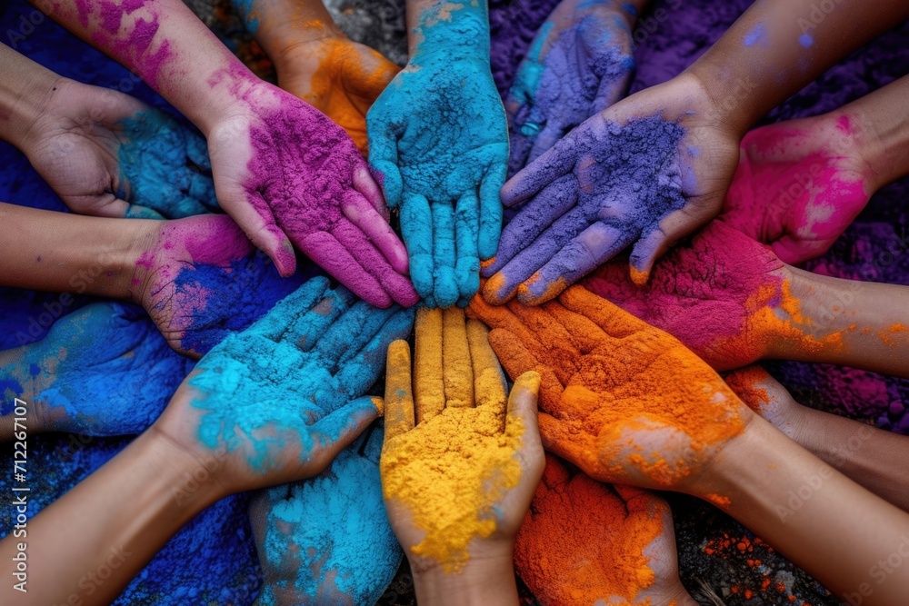 Hands covered in vibrant holi colors, coming together in a symbol of ...