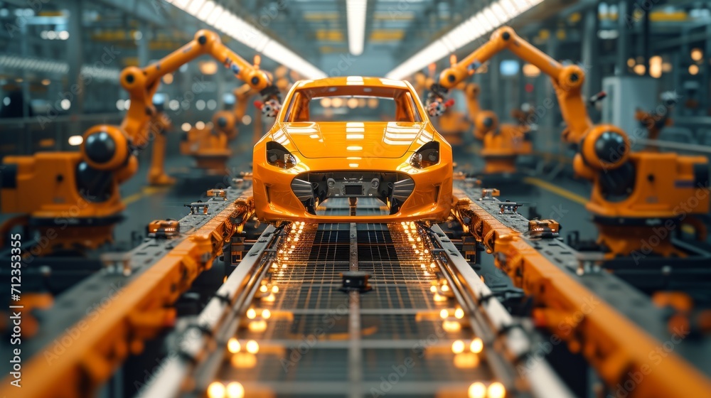 Car manufacturer. The car factory digitalization industry. Automated Robot Arm Assembly Line ...
