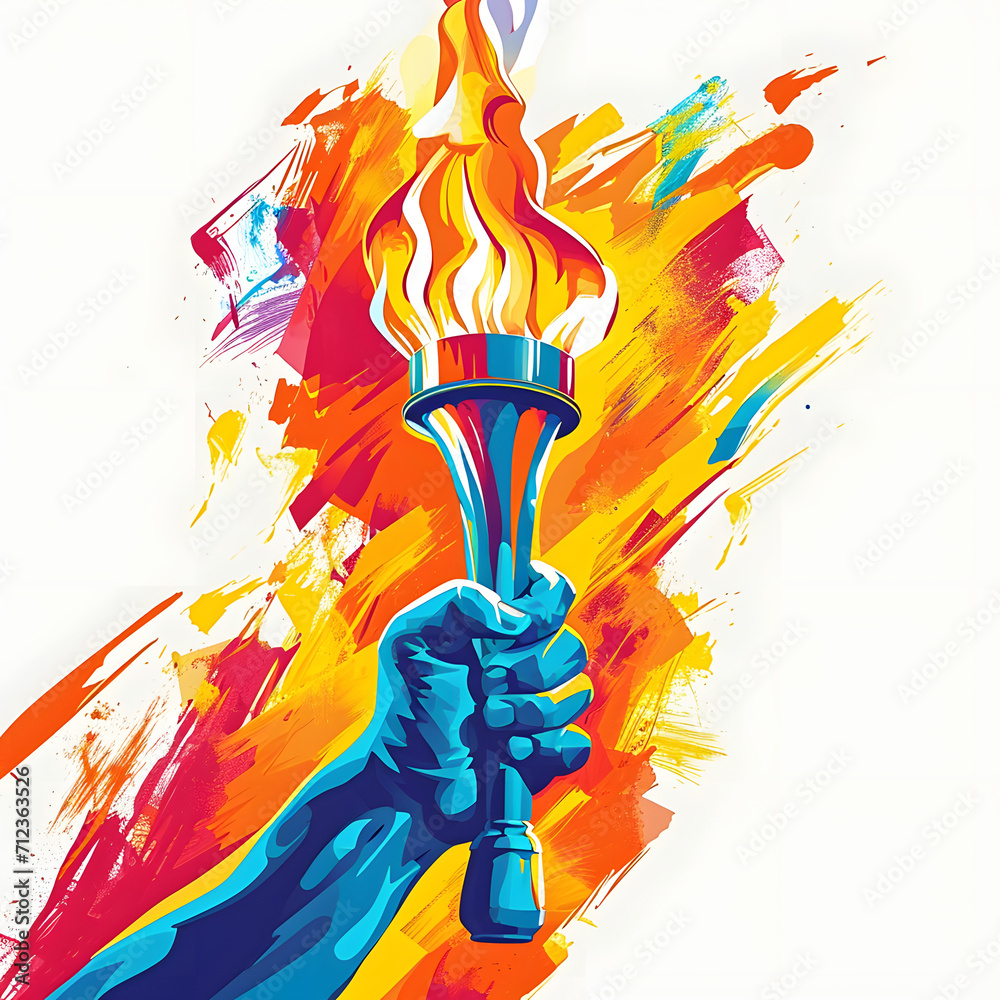 Hand holding the Olympic torch is a bright, colorful illustration of ...