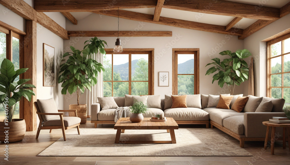 Eco-friendly living room design, large biophilic elements, natural ...