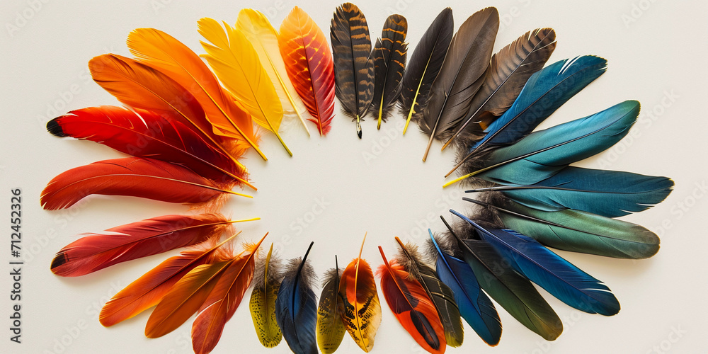 feathers from different bird species, each with distinct colors and ...