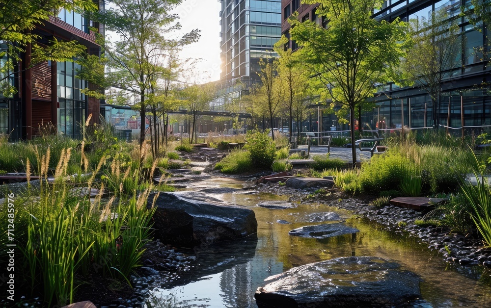 Rewilded urban plaza with rain gardens and sustainable drainage ...