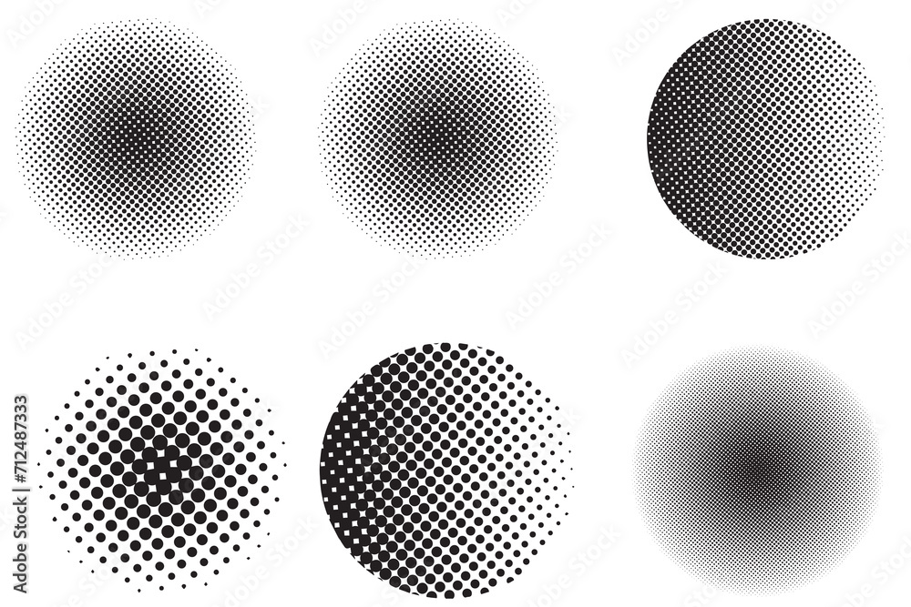 Halftone effect design. Set of Abstract dotted circles, round halftones geometric dots on white ...