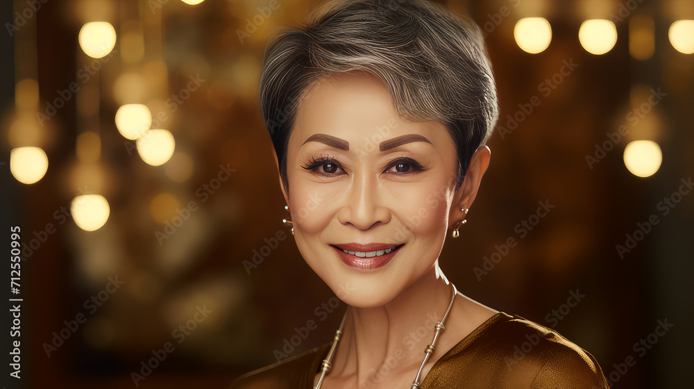 Elegant, smiling, elderly, chic Asian woman with gray hair and perfect ...