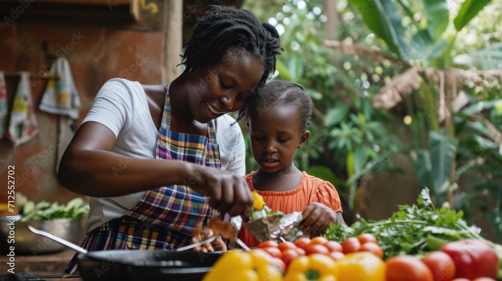 African mother teaches her children to cook traditional dishes on the ...