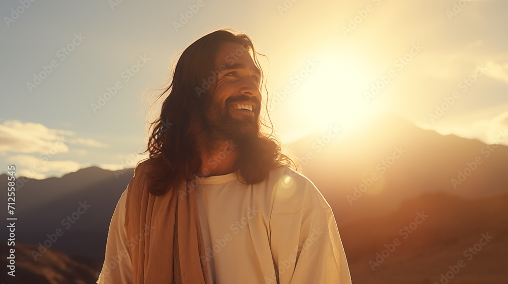 Smiling Jesus Christ in the rays of the shining sun on an unfocused ...