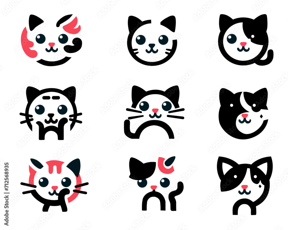A set of nine cute cat icons in black and red, showing playful and ...