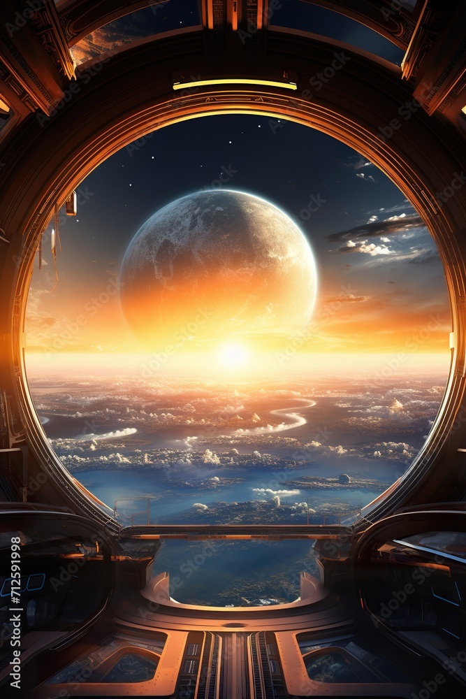 spaceship round window with sunrise over planet view, space station ...