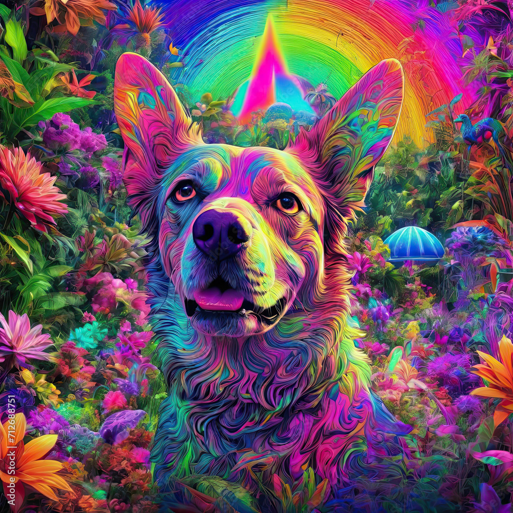 Surreal Garden - Psychedelic trip illustration with close-up of a dog ...