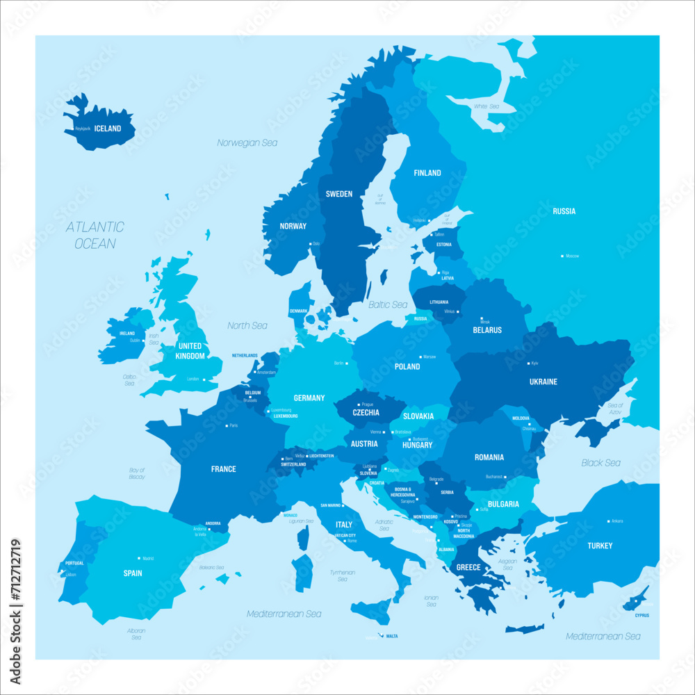 Political map of Europe. Blue colored vector map with capital cities of ...