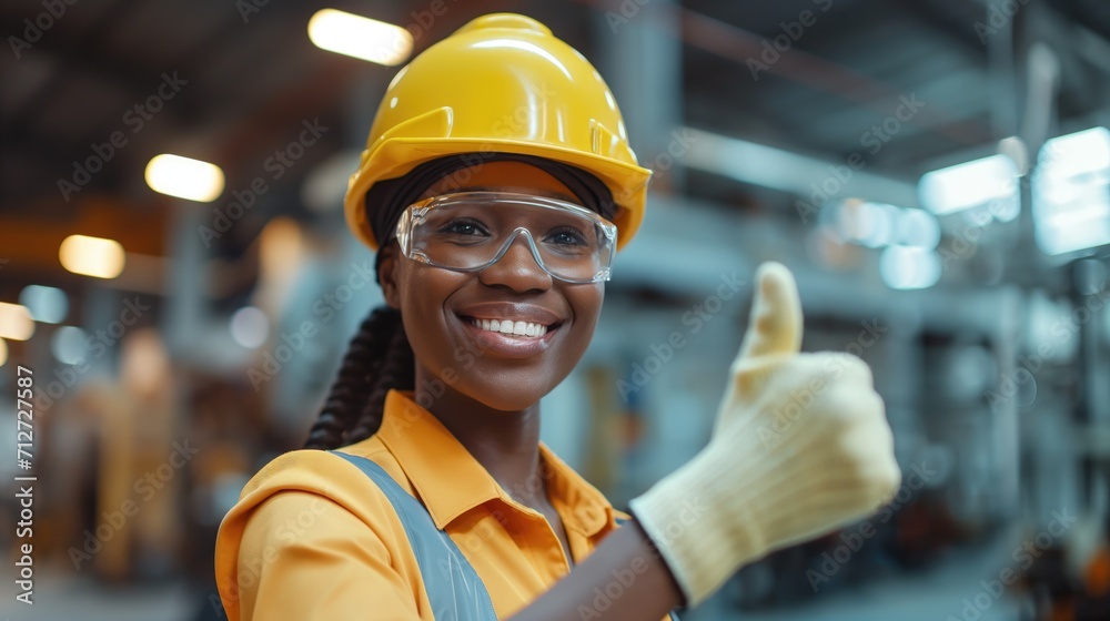 African american young woman with a braid wearing yellow hard hat at ...