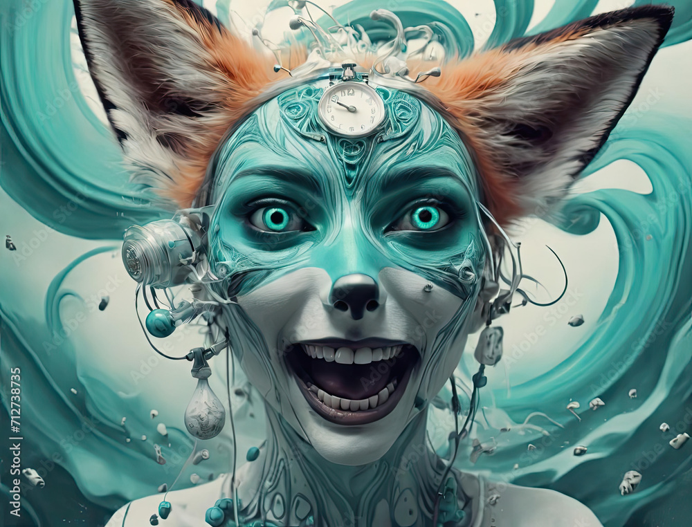 Psychedelic Otherworldly Trip - Close-up fox, woman's face, and god in ...