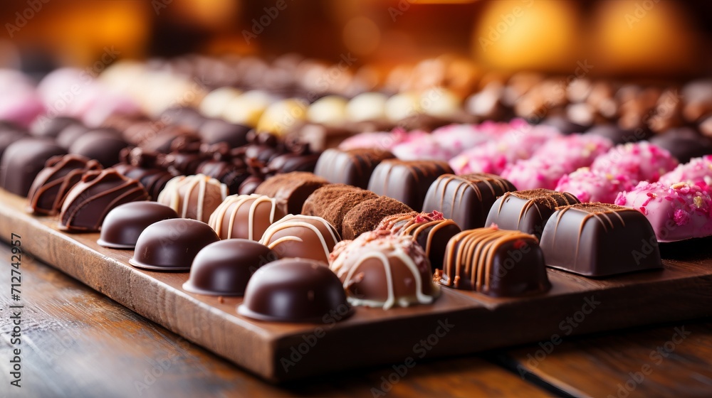 Assorted chocolate candies on blurred bokeh background, vertical ...