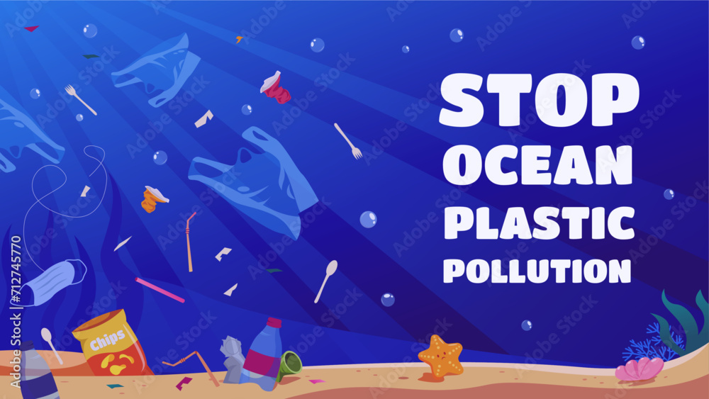 stop ocean plastic pollution. Vector poster about stopping ocean ...