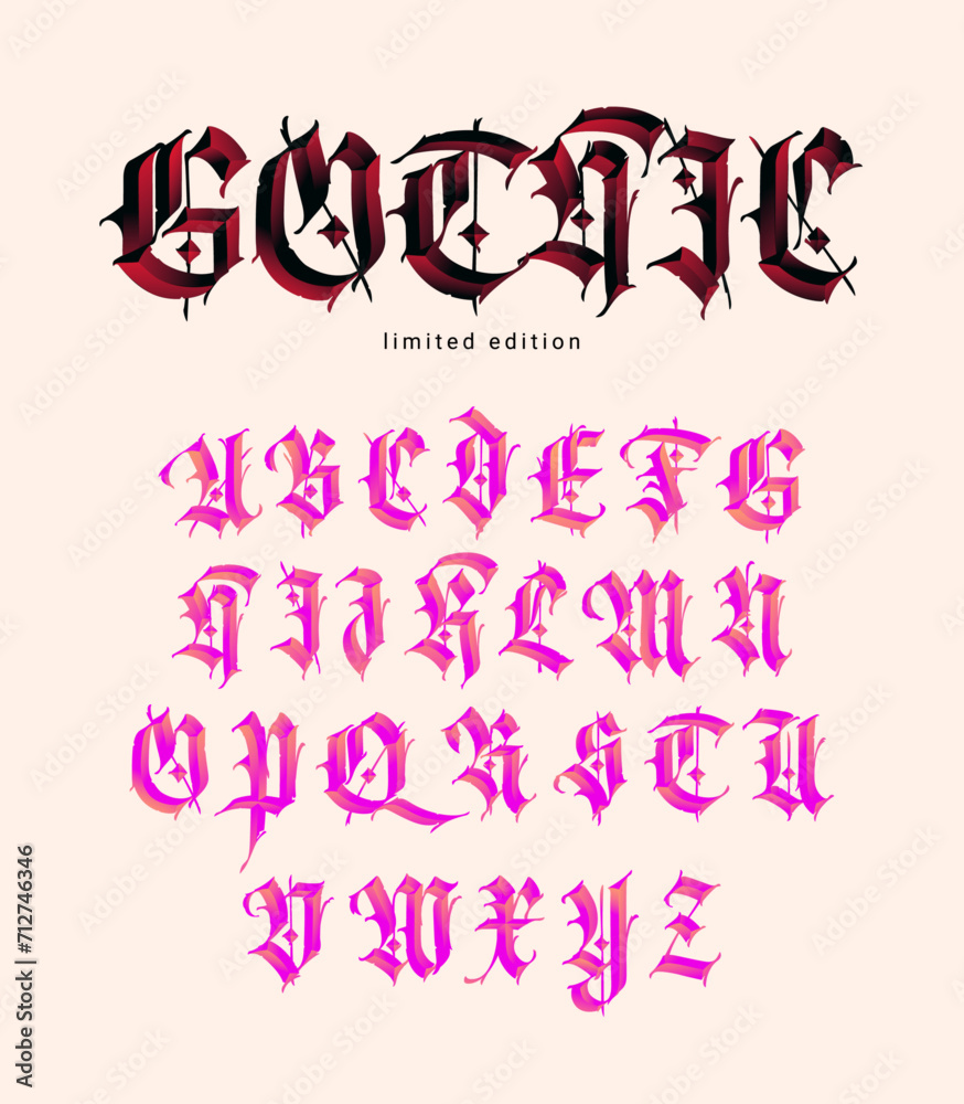 Gothic font from Latin letters. Vector. English alphabet. Medieval ...