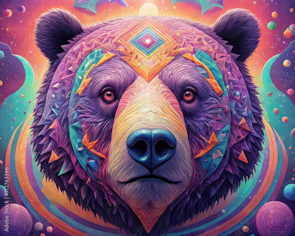 Psychedelic Trip - Close-up of a bear's face in a celestial voyage ...