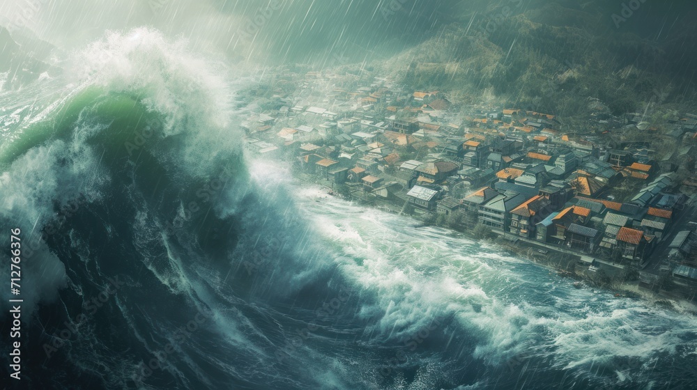 Devastating tsunami natural disaster approaching a vulnerable town, the ...
