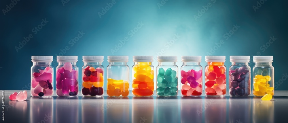Assorted nutritional supplements in transparent bottles aligned against ...
