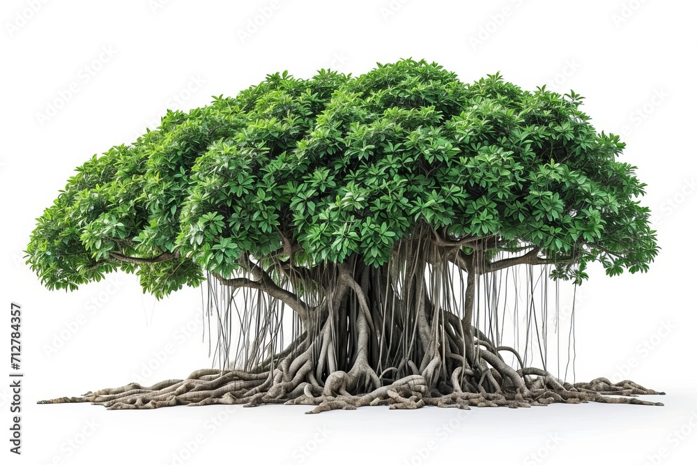 Charming banyan tree with prominent aerial roots isolated on a crisp ...