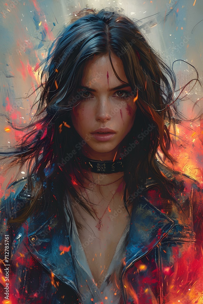 fascinating cyberpunk woman, dressed in slim-tight leather jacket ...