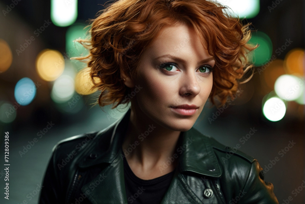 Confident 30-year-old French woman in beauty in a chic leather jacket ...