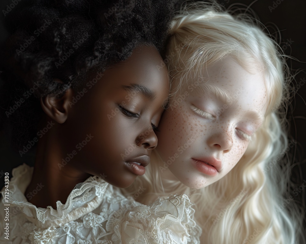 Friendship without borders. Very beautiful white and black little girls ...