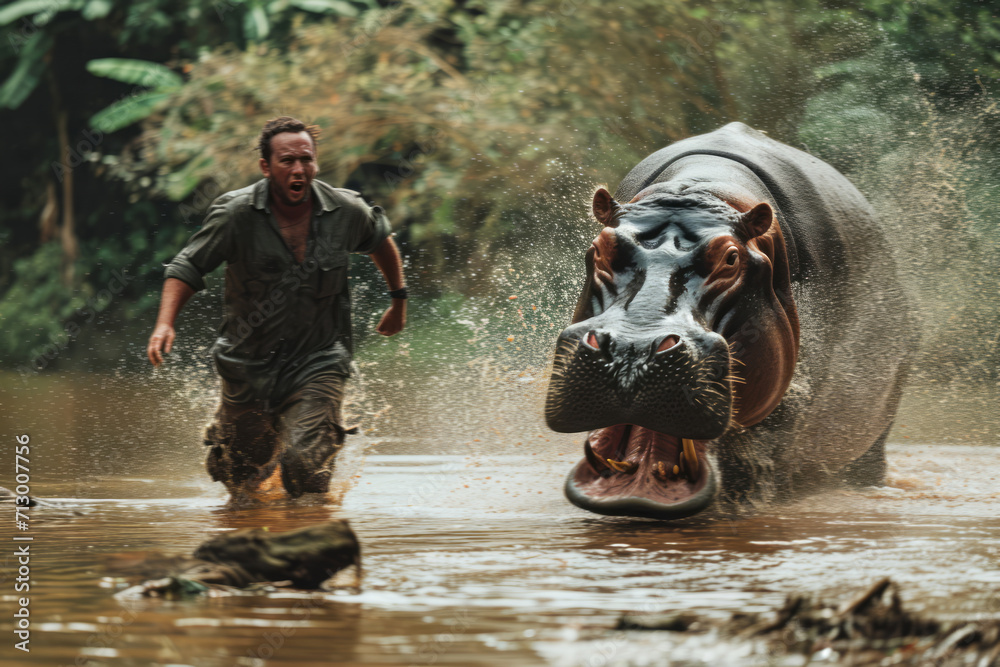 Terrified man runs from a chasing huge aggressive hippopotamus with ...