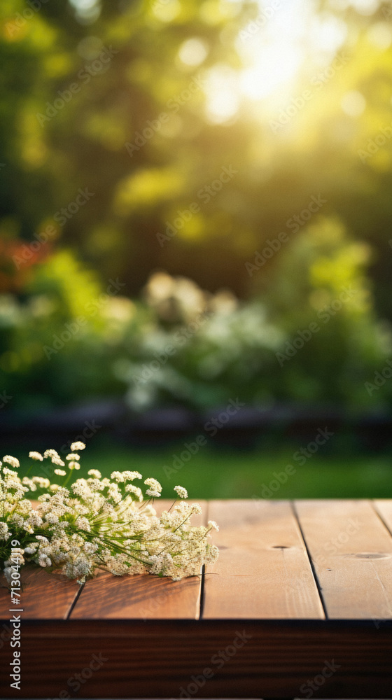 Wooden table spring nature bokeh background, empty wood desk product ...