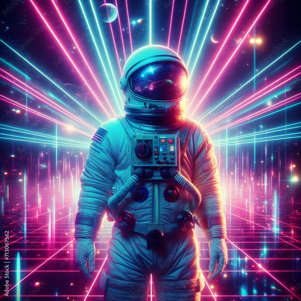 Astronaut surrounded by flashing neon lights. Retro 80s style synthwave ...