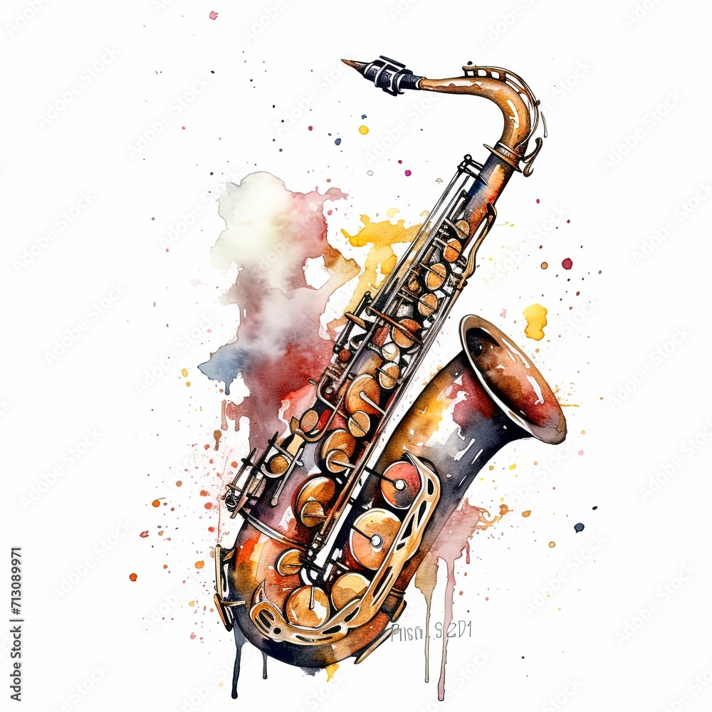 Watercolor saxophone isolated on white, musical instrument collection ...