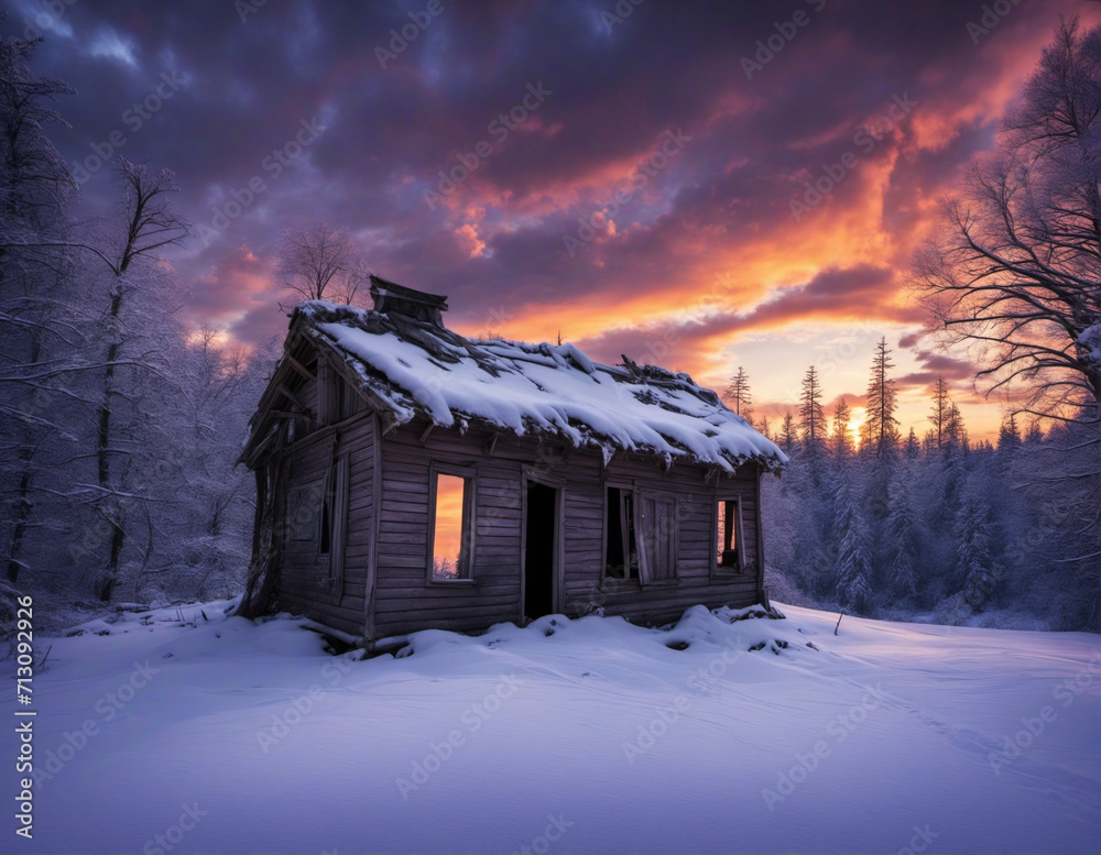 Abandoned house in the forest. Ruined house in the winter. Dramatic sky ...