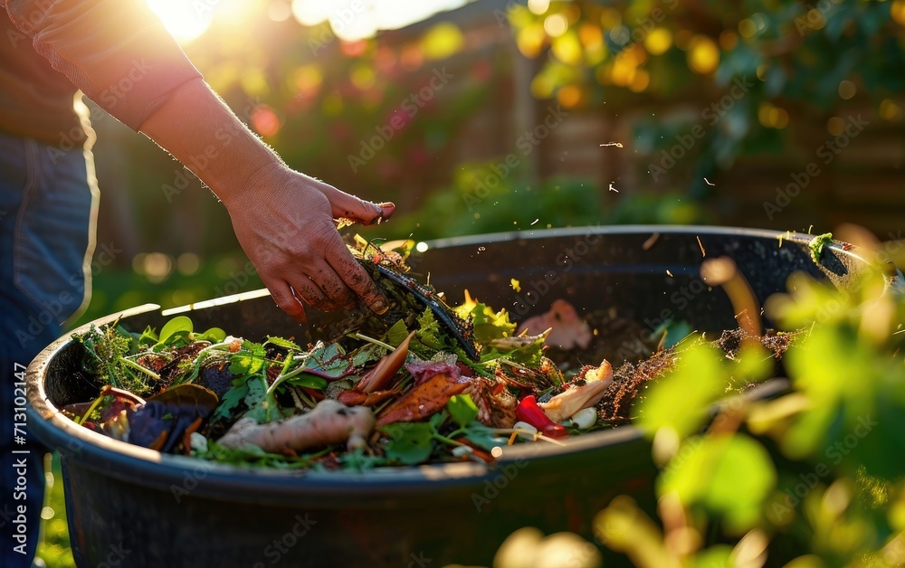 A person composting kitchen scraps to reduce food waste, showcasing ...
