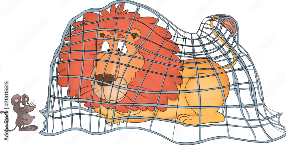 Lion stares at trapped mouse. Lion mouse story. Stock Vector | Adobe Stock