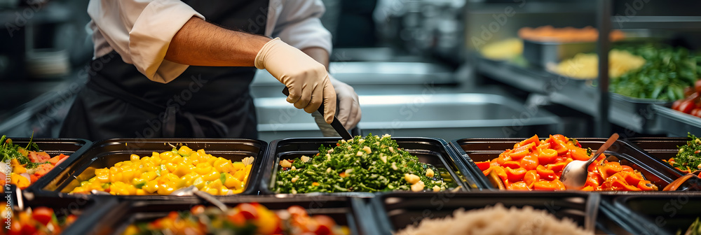 A buffet worker at a hotel with a halal kitchen buffet wearing ...