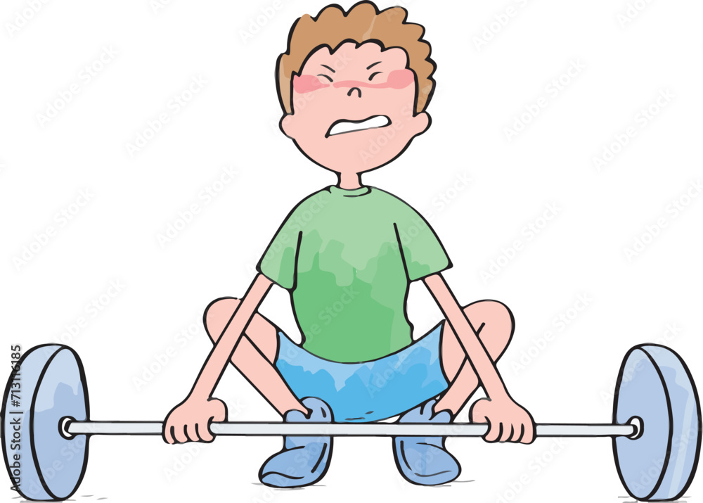 Boy trying to lift heavy barbell. The sciences of force and motion ...