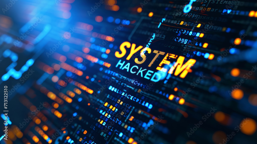 System hacking with info message. Background with a code on a blue background and a virus ...