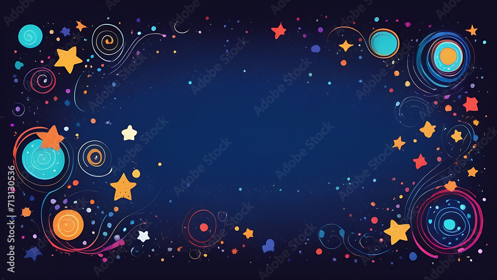 dark blue background, unreal, cosmic, with multicolored circles of ...