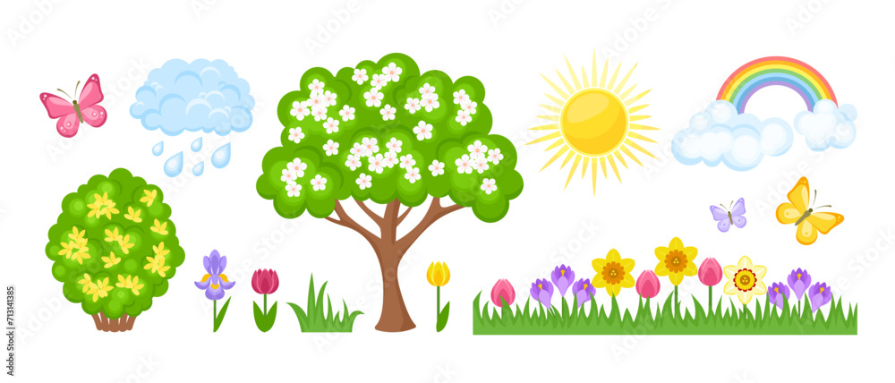 Spring nature illustration set. Vector cartoon flat icons of flowers ...