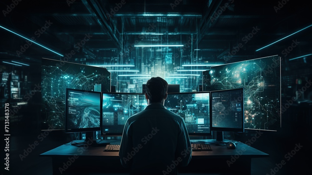 A cybersecurity expert intently observes multiple screens displaying ...