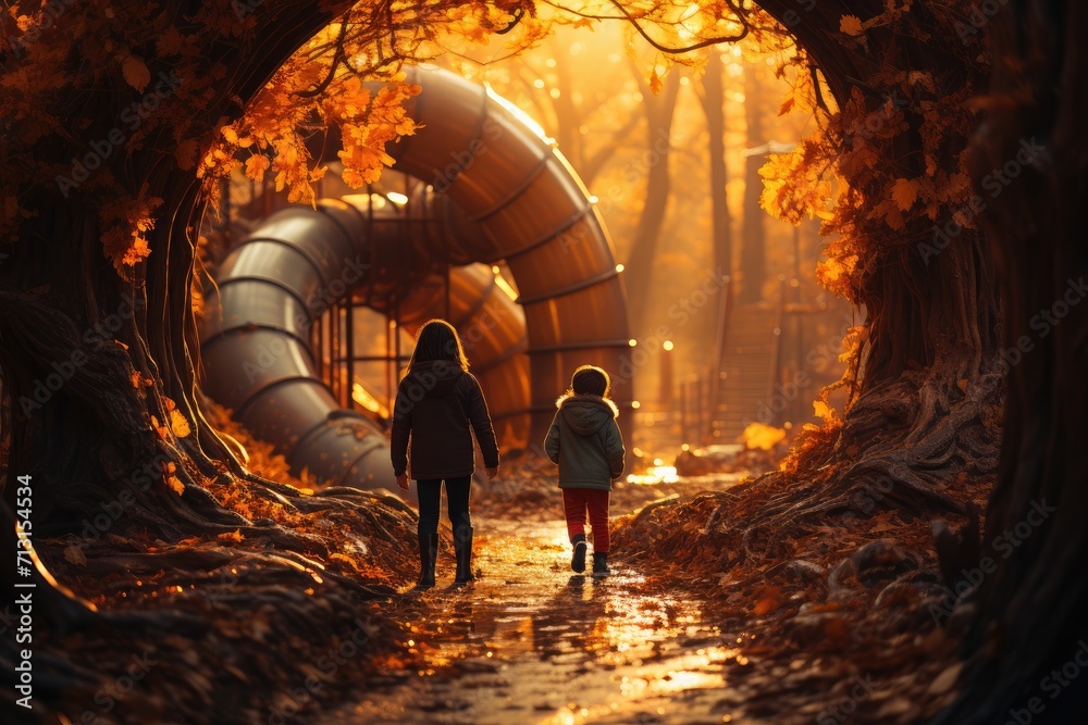 Two young adventurers brave the depths of a cave, walking hand in hand ...