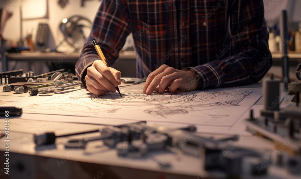 Engineer Drafting Mechanical Blueprint at Workbench. Close-up of an ...