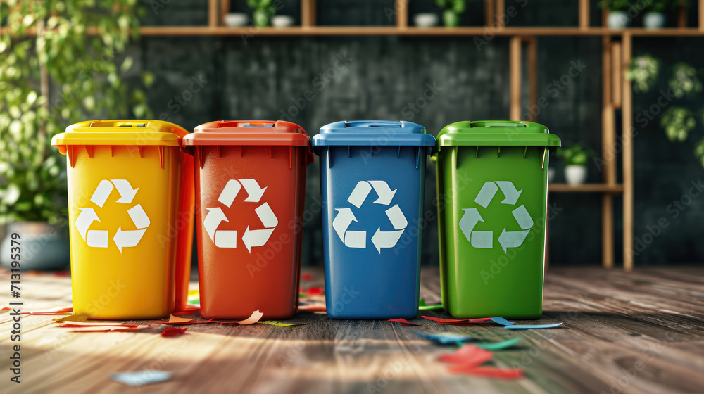 Foto de Stock Color-Coded Recycle Bins for Waste Segregation.Three ...