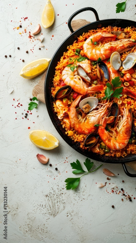 vertical banner spanish paella on a white background top view with ...