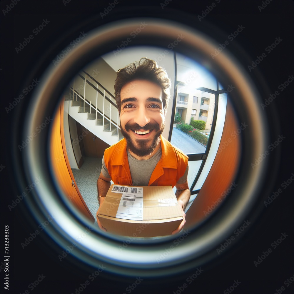Delivery man in the door peephole with a package. Joyful courier ...