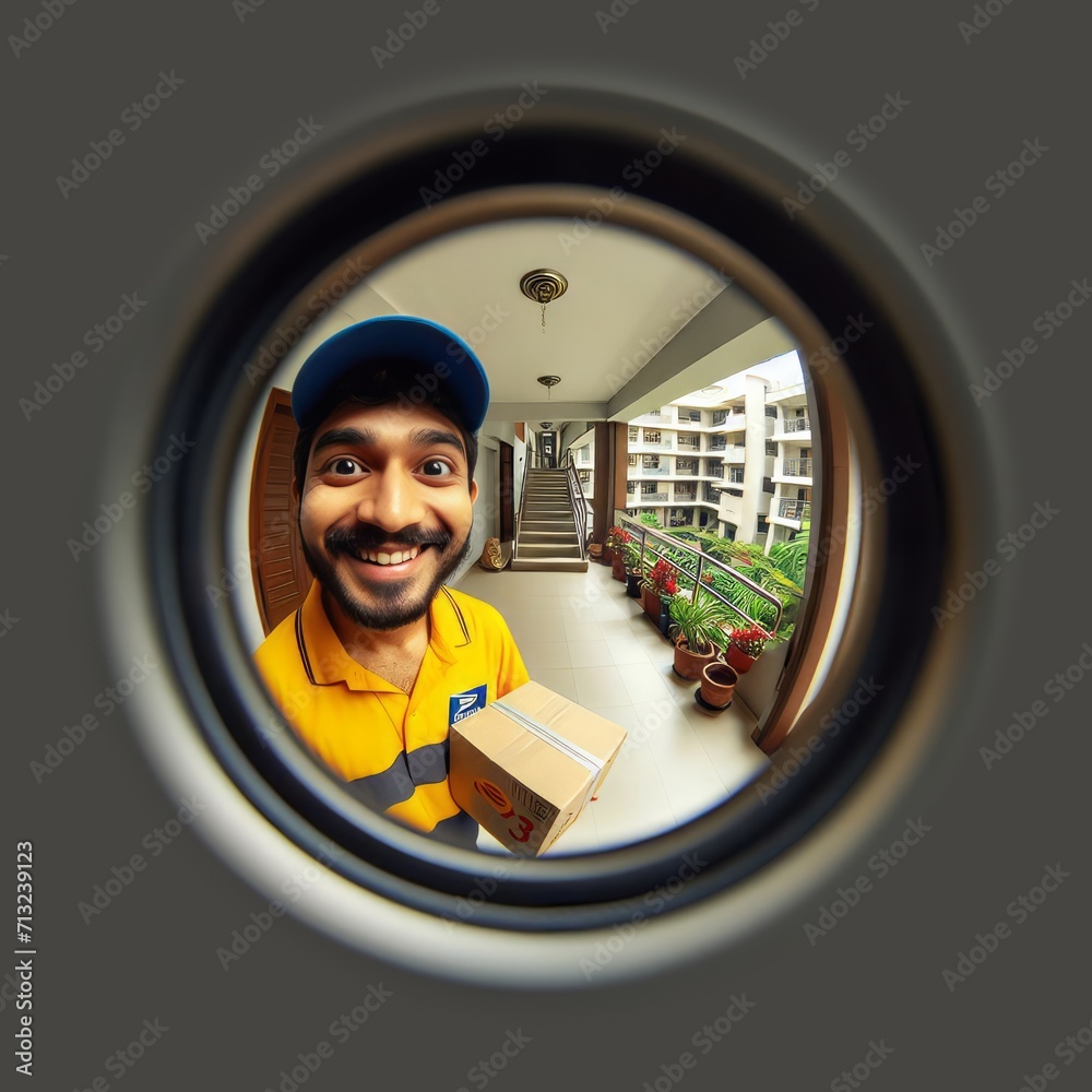 Delivery man in the door peephole with a package. Joyful courier ...
