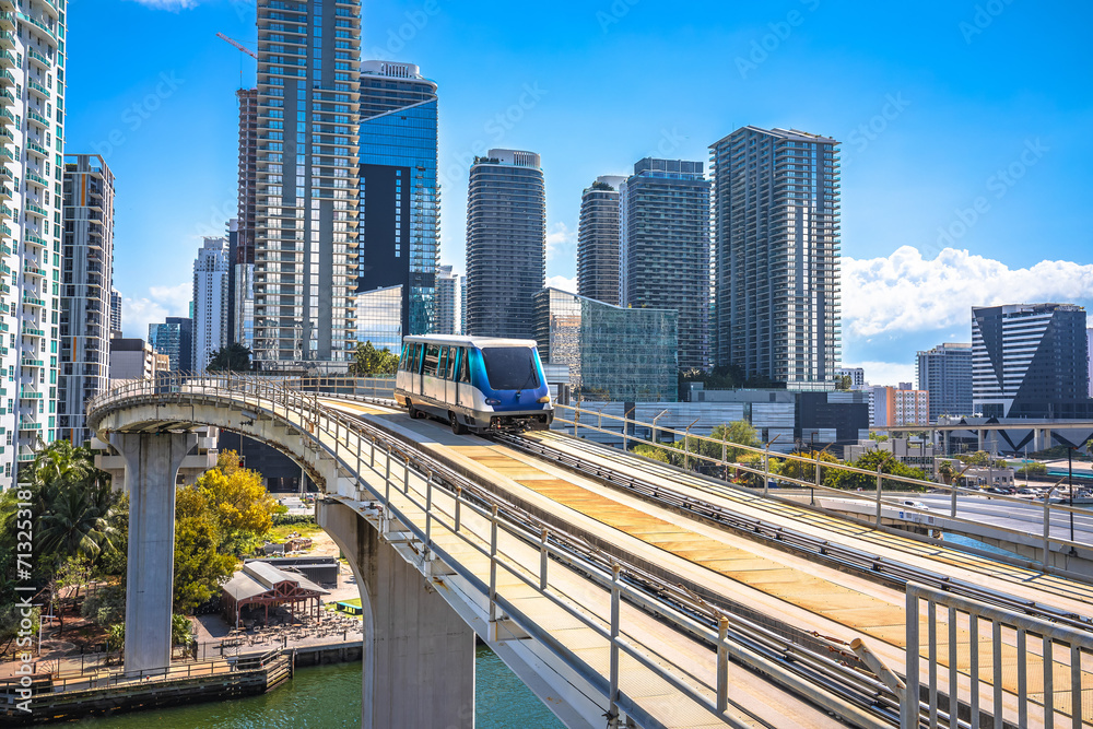Miami downtown skyline and futuristic mover train view, Florida Stock ...