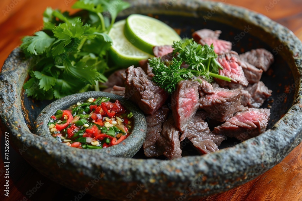 Beef Lok Lak with pepper lime dip made of beef fillet, black Kampot ...