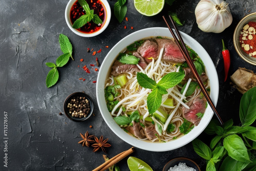 Beef Pho made of beef bones, stalks of celery, halved onion, cloves ...