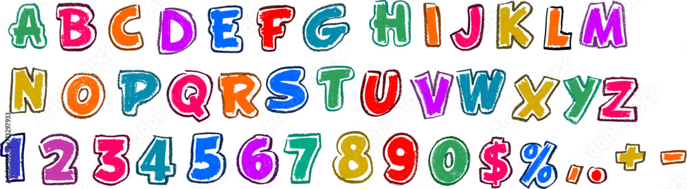 Alphabet and Numbers Colorful with Border Line Crayon Drawing Set Stock ...